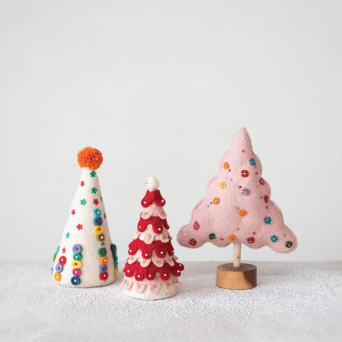 Creative Co-Op 8" L x 3" W x 10-1/4"H Handmade Wool Felt Tree w/Beads, Applique, Embroidery & Wood Base, Multi Color