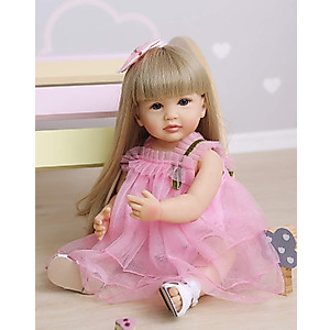 RXDOLL Reborn Baby Dolls Full Body Silicone Vinyl Girl 22 inch 55 cm Realistic Lifelike Toddlers Newborn Baby Doll Waterproof with Blond Long Hair Pink Dress for Girls Birthday