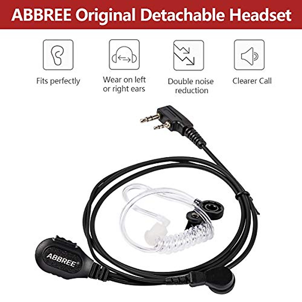 BAOFENG ABBREE Original Air Acoustic Tube Walkie Talkie Earpiece 2-Pin Detachable Two Way Radio Headset Compatible with Ham Radio UV5R UV-82 BF-888S BF-F8HP Series(1Pack)