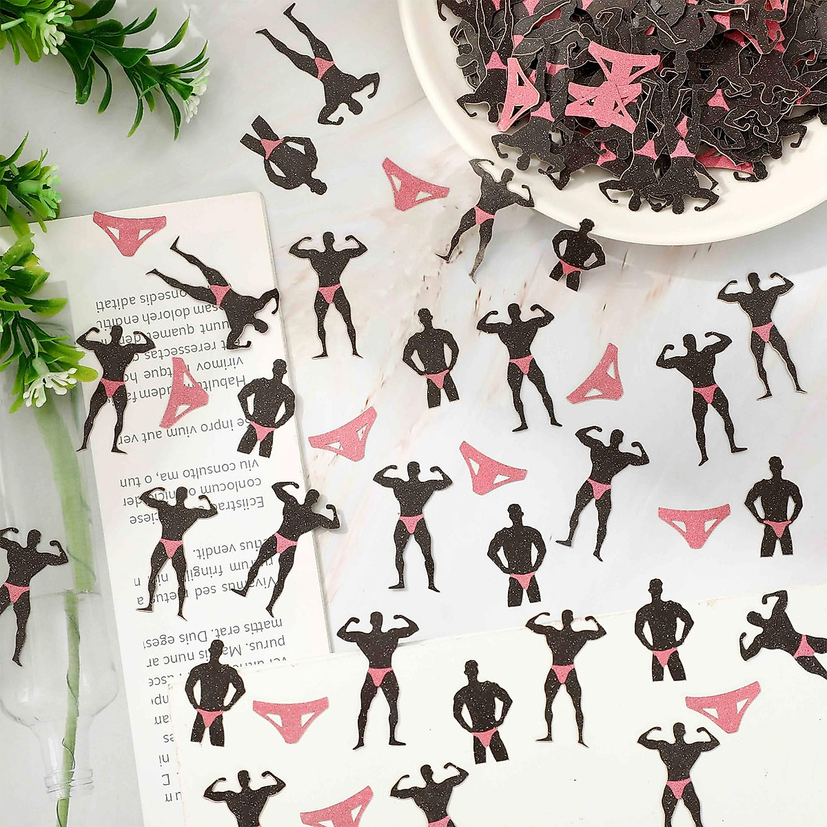 Whaline 300Pcs Bachelorette Party Table Confetti Funny Male Confetti Black Pink Table Centerpiece For Bridal Shower Party Decoration