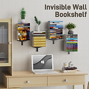 DuvinDD 8-Tier Floating Tree Bookshelf for Wall Mounted, Industrial Metal Vertical Spine Book Tower, Hanging Bookshelf Home Office Book Storage Shelves for Wall, 4 Pack