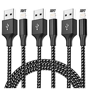 Apple MFi Certified Lightning Cable 3 Pack 10 FT，Nylon Braided iPhone Charger Fast Charging iPhone Charger Cord Super Long Compatible with iPhone 13 12 11 Pro Max XR XS X 8 7 6 Plus SE iPad and More