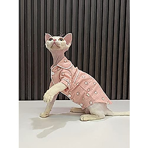 Sphynx Hairless Cat Clothes Autumn Cartoon Pattern Pajamas Air Cotton T-Shirts Comfortable Kitten Shirts Pet Clothes for Cat (M(4.4-5.5lbs), Pink)