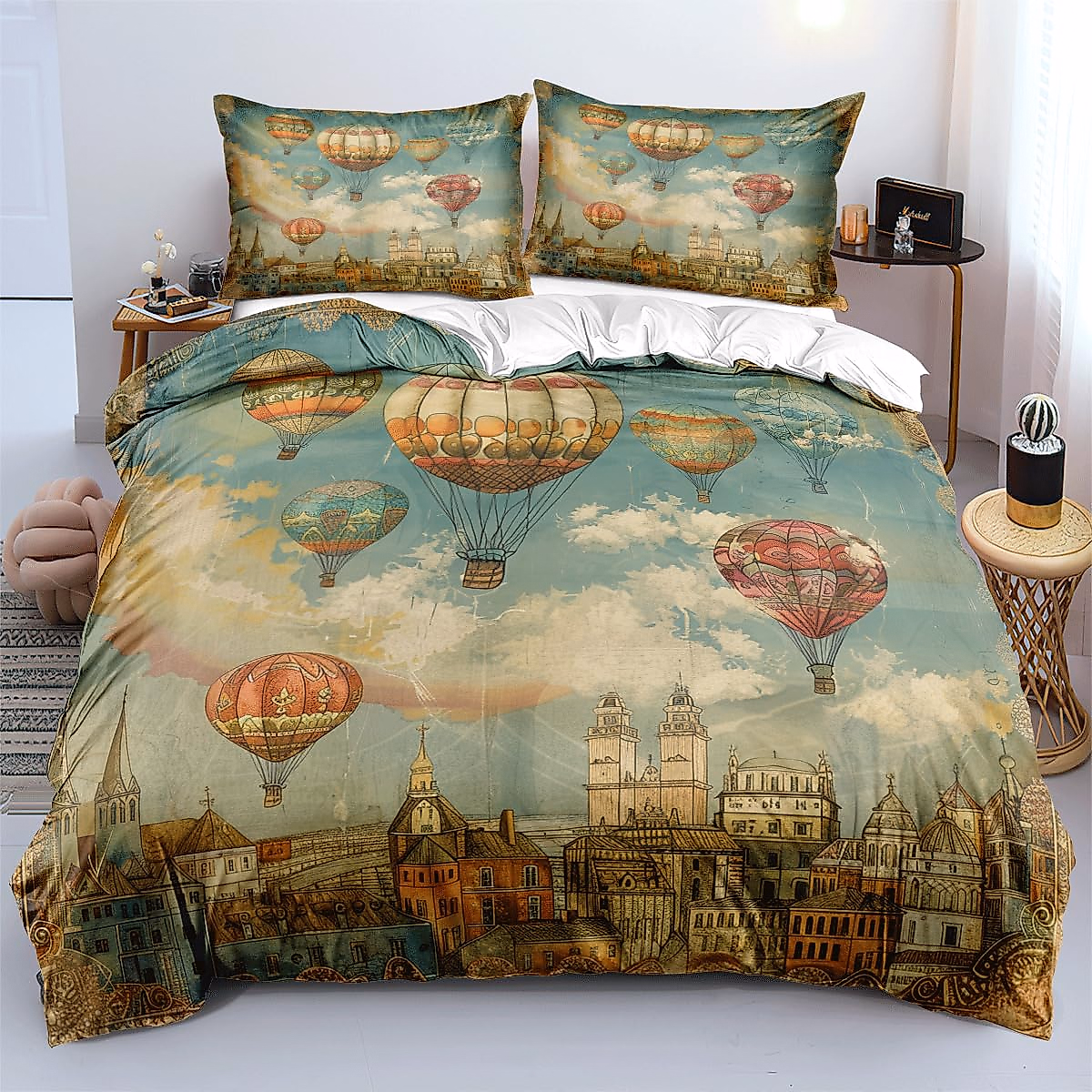 Ydtwnyq Hot Air Balloons Duvet Cover Set Hand Painted Style Floating Hot Air Balloons Print Bedding Set Decorative 3 Piece Quilt Set with 2 Pillow Shams Queen Size Olive Green