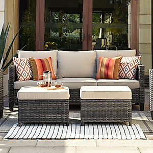 ovios Patio Furniture 3-Pieces Set, Modern All Weather Wicker Rattan Sofa Couch for Yard Porch, Beige Cushion