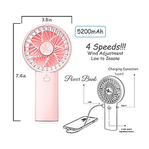 NEW! Mini Handheld Fan, USB Power Bank 5,200mAh, Small Personal Portable fan, Powerful 4 Speeds, Rechargeable Desk Fan, Eyelash Fan for Makeup, Angle adjustable, Kids Girls Women Men Indoor Outdoor Traveling. (Pink)