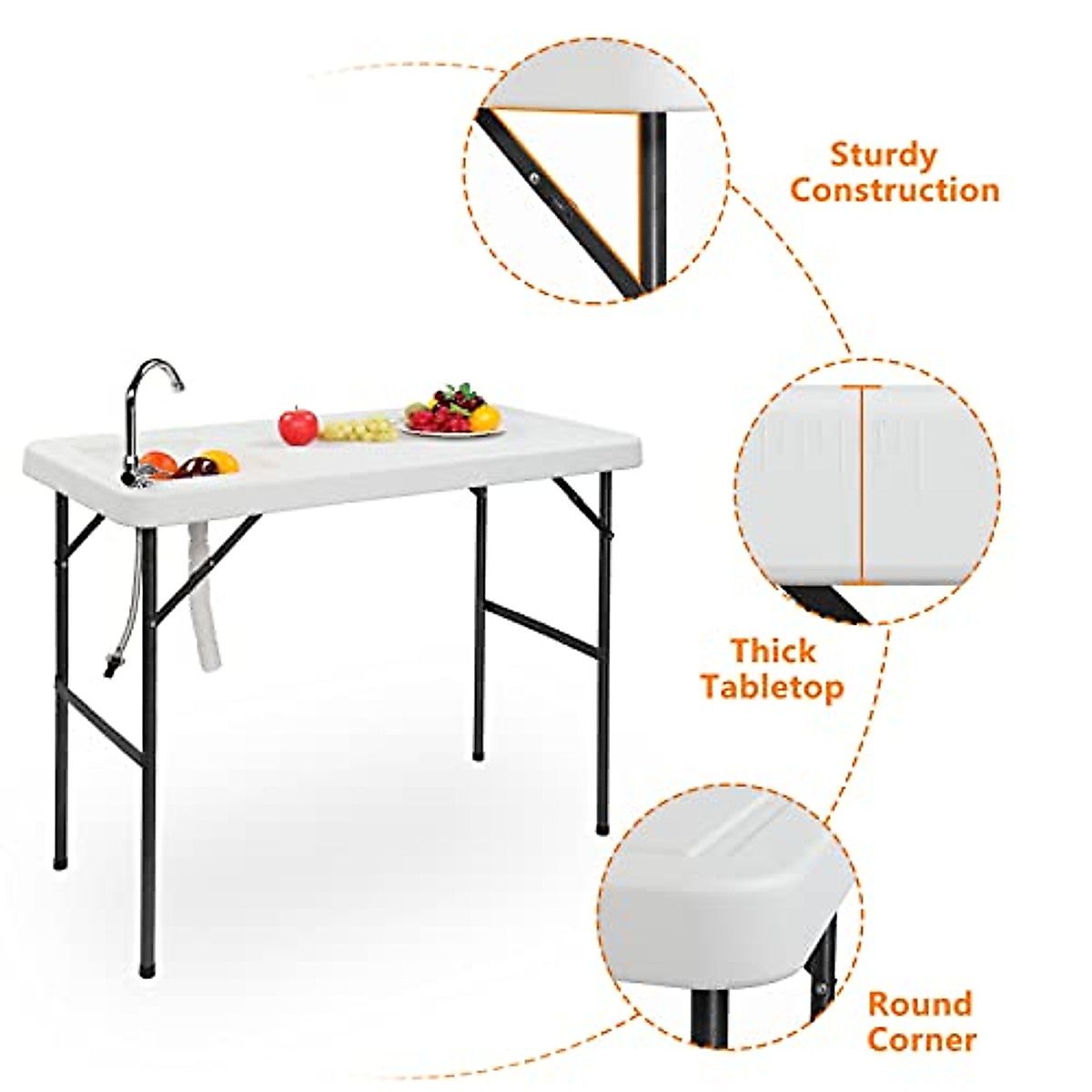 Outvita Fish Cleaning Table, Folding Portable Camping Table with Sink Stainless Steel Faucet Drainage Hose for Garden Patio Backyard BBQ White