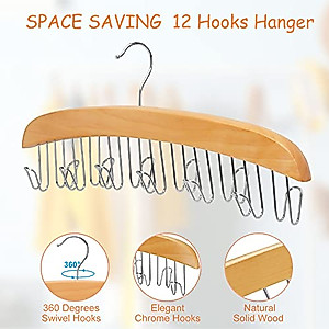 Belt Hanger for Closet, 360° Rotating Wood Belt Organizer with 12 Chrome Hooks, Resovo Space Saving Durable Hanging Closet Rack for Belts, Tank Tops. Accessories Holder for Ties, Scarves-Wood
