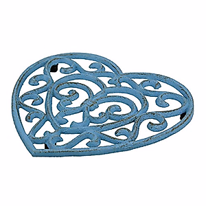 Stonebriar Country Rustic Heat Resistant Denim Blue Heart Shaped Cast Iron Trivet with Rubber Feet