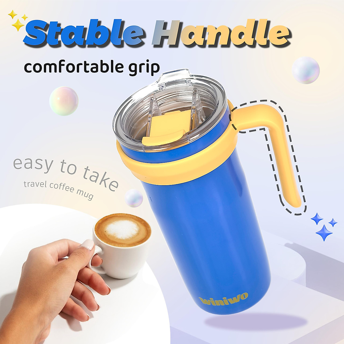 winiwo 20 oz Tumbler with Handle, Easy to Hold, Travel Coffee Mug with Screw Lid, Spill-proof, Insulated Cups, Built-in Up Down Flip, Fit Most Car Cup Holders, Commute, School, Home, Office