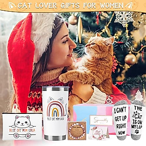 Cat Mom Gifts for Women, Cat Lover Gifts for Women, Crazy Cat Lady Christmas Gifts, Mothers Day, Birthday, Cat Gifts Basket with 20 oz Cat Tumbler, Makeup Bag, Natural Stone Bracelets, Socks