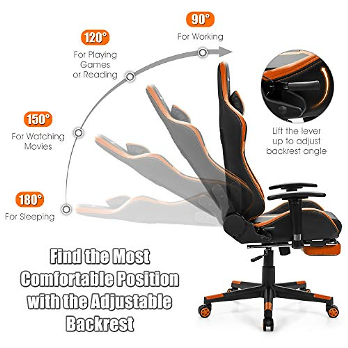 POWERSTONE Gaming Chair, Orange Gaming Chairs Ergonomic Gamer Chair for Adults with Footrest Adjustable Lumbar Support PU Leather High Back Computer Chair Swivel Stool