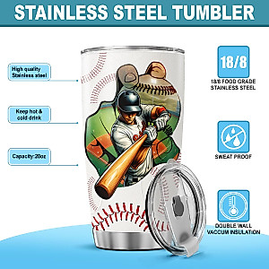 JENOIS Hustle Hit Baseball, Tumbler 20 Oz With Lid And Straw, For Fathers Cup Day Women Coffee Dad Tumblers, Baseball Gifts