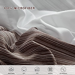 Joyreap 7 Piece Bed in a Bag Full/Queen, Light Gray n Brown Stripes Design, Soft Microfiber Comforter Set for All Season (1 Comforter, 2 Pillow Shams, 1 Flat Sheet, 1 Fitted Sheet, 2 Pillowcases)