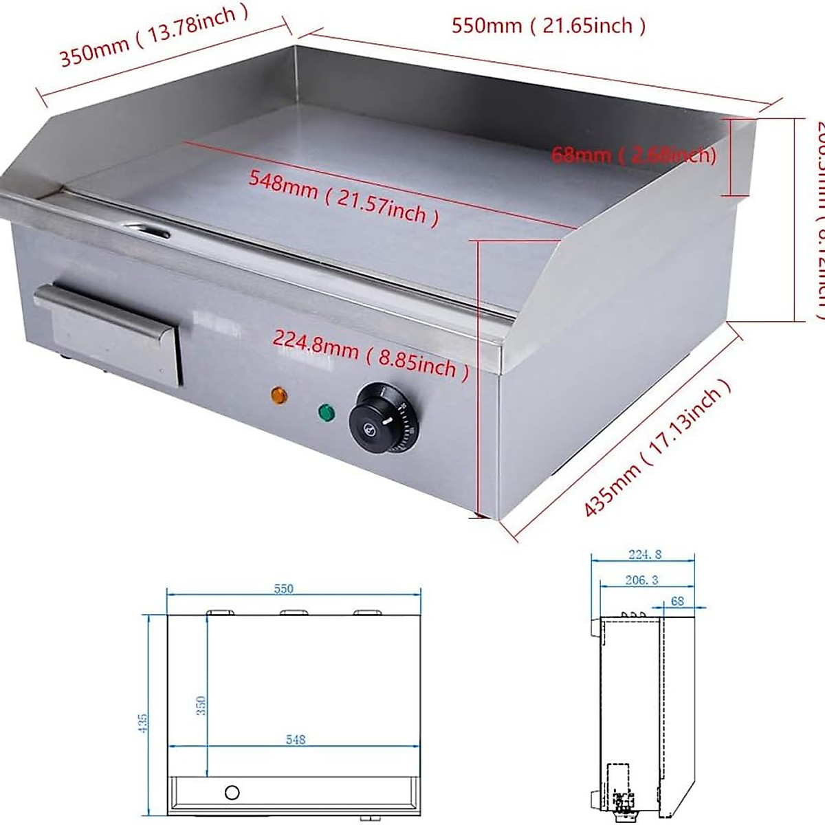 Electric Countertop Flat Top Griddle Non-Stick Commercial Electric Griddles Restaurant Teppanyaki Grill Stainless Steel Adjustable Temperature Control 122°F-572°F, Silver, 110V 1500W, 21.57 * 13.77in