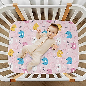 Kigai Cartoon Cat Face Pink Crib Sheets for Boys Girls, Soft and Breathable Pack n Play Sheets, Portable Mini Stretchy Cribs Sheets, 39x27 Inch