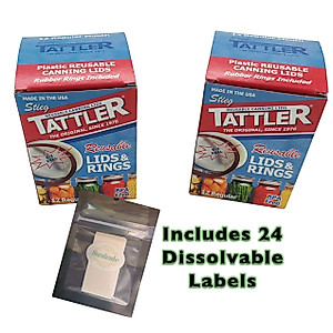 Reusable Canning Lids Bundle Includes 24 Regular Mouth Tattler Lids and Rings and 24 Dissolvable Sunivale Jar Labels For Use With Hot Water Bath, Vacuum Sealer and Pressure Canning Methods Made in USA
