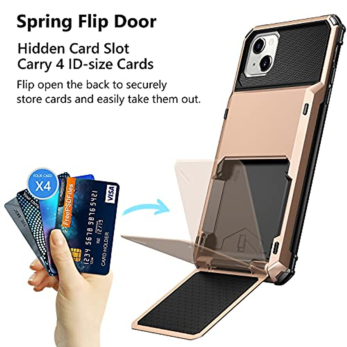 Vofolen Case for iPhone 13 Case Wallet 4-Card Holder ID Slot Flip Door Hidden Pocket Anti-Scratch Dual Layer Hybrid TPU Bumper Armor Protective Hard Shell Back Cover for iPhone 13 6.1 Rose Gold