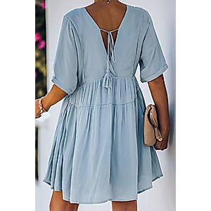HUUSA 2020 Women's Summer Cute Babydoll Swing Flowy Tunic Dress Ladies Short Sleeve V Neck Casual Loose Solid Color Fashion Mini Shift Dresses Sky Blue Large