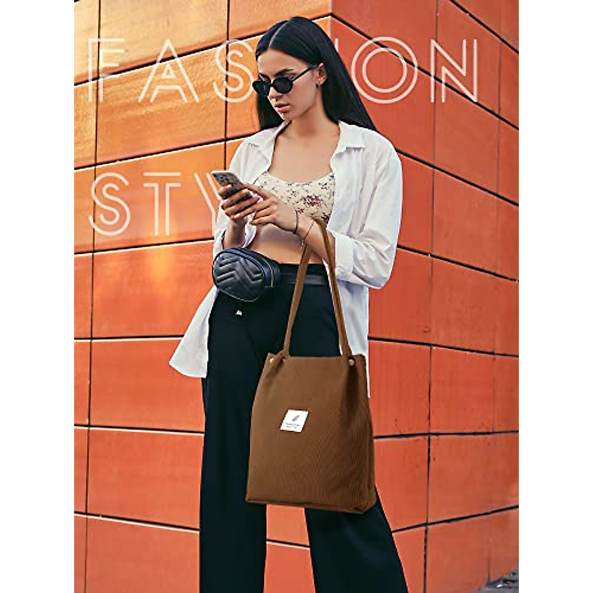 Sweetude 6 Pieces Corduroy Bags for Women Tote Bag with Pockets Corduroy Underarm Bag Women's Shoulder Handbags Big Capacity Shopping Bag