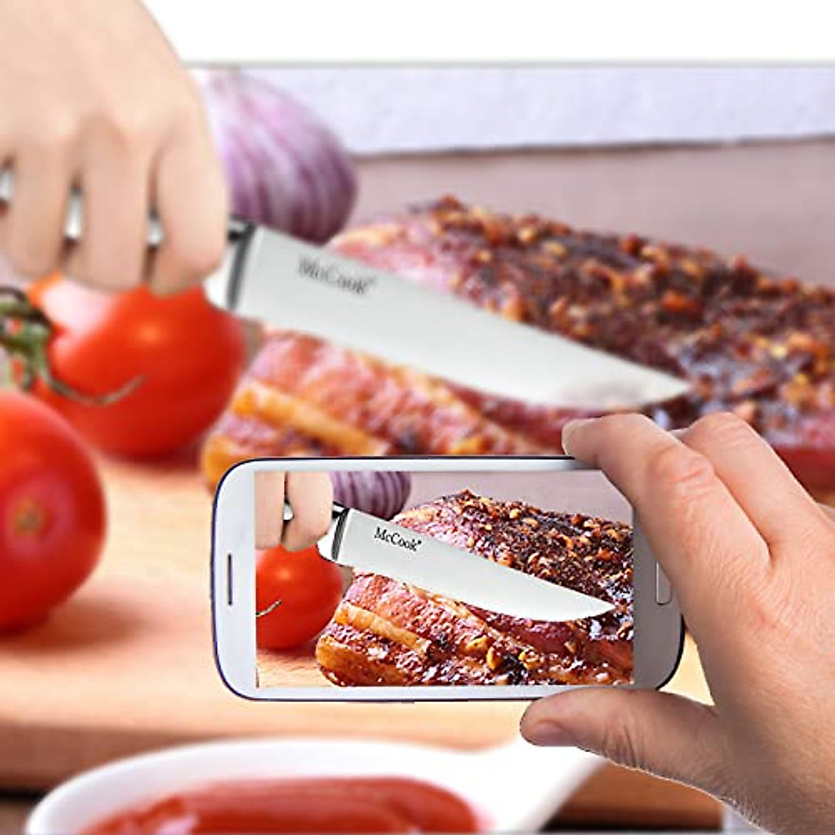 McCook Steak Knives, MC59 Steak Knives Set of 6 - Full Tang Serrated Steak Knives Stainless Steel Steak Knife Set Sharp Knife for Cutting Meat