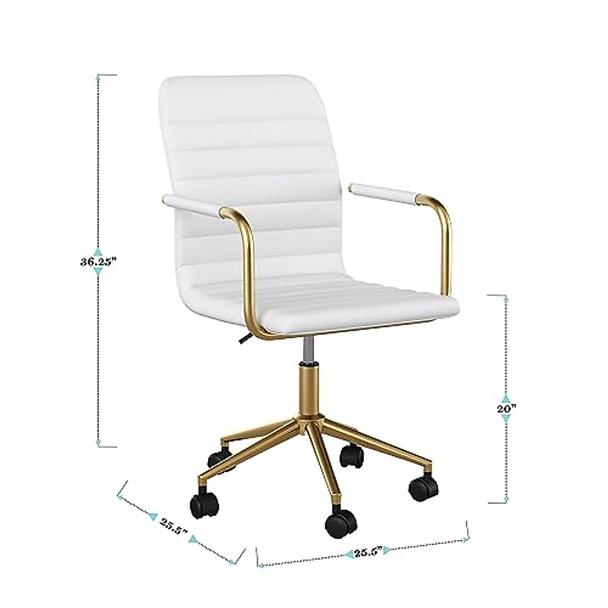 Martha Stewart Taytum Swivel Task Chair with Armrests for Home Office in White Faux Leather with Polished Brass Frame