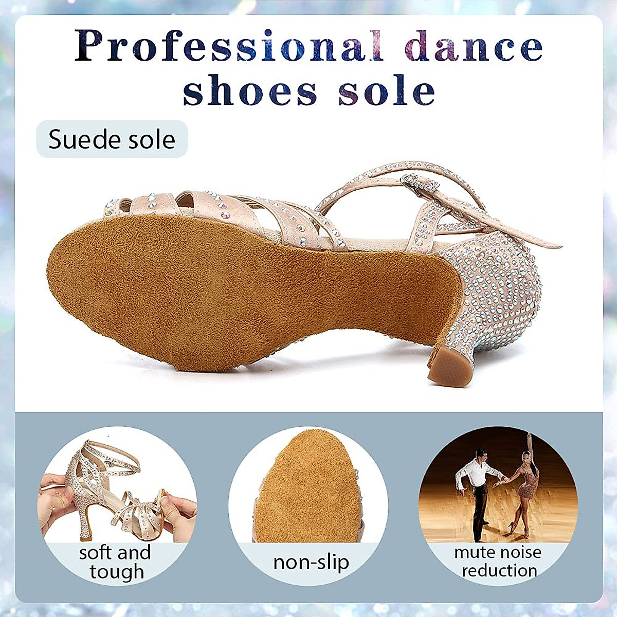 VCIXXVCE Women's Rhinestones Ballroom Dance Shoes Nude Suede Sole 3 Inch Heel Latin Salsa Bachata Performance Dance Heels,7.5 US