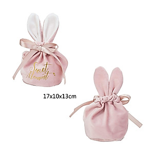 KitBeads 10Pcs Pink Drawstring Velvet Bags with Rabbit Ear Round Bottom Jewelry Pouches for Gifts Wedding Candy Bags Party Favors