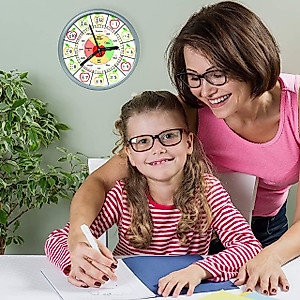 Educational Wall Clock - Silent Movement Time Teaching Clock for Teacher's Classrooms and Kid's Bedrooms (Silver/Multicolor Apple)