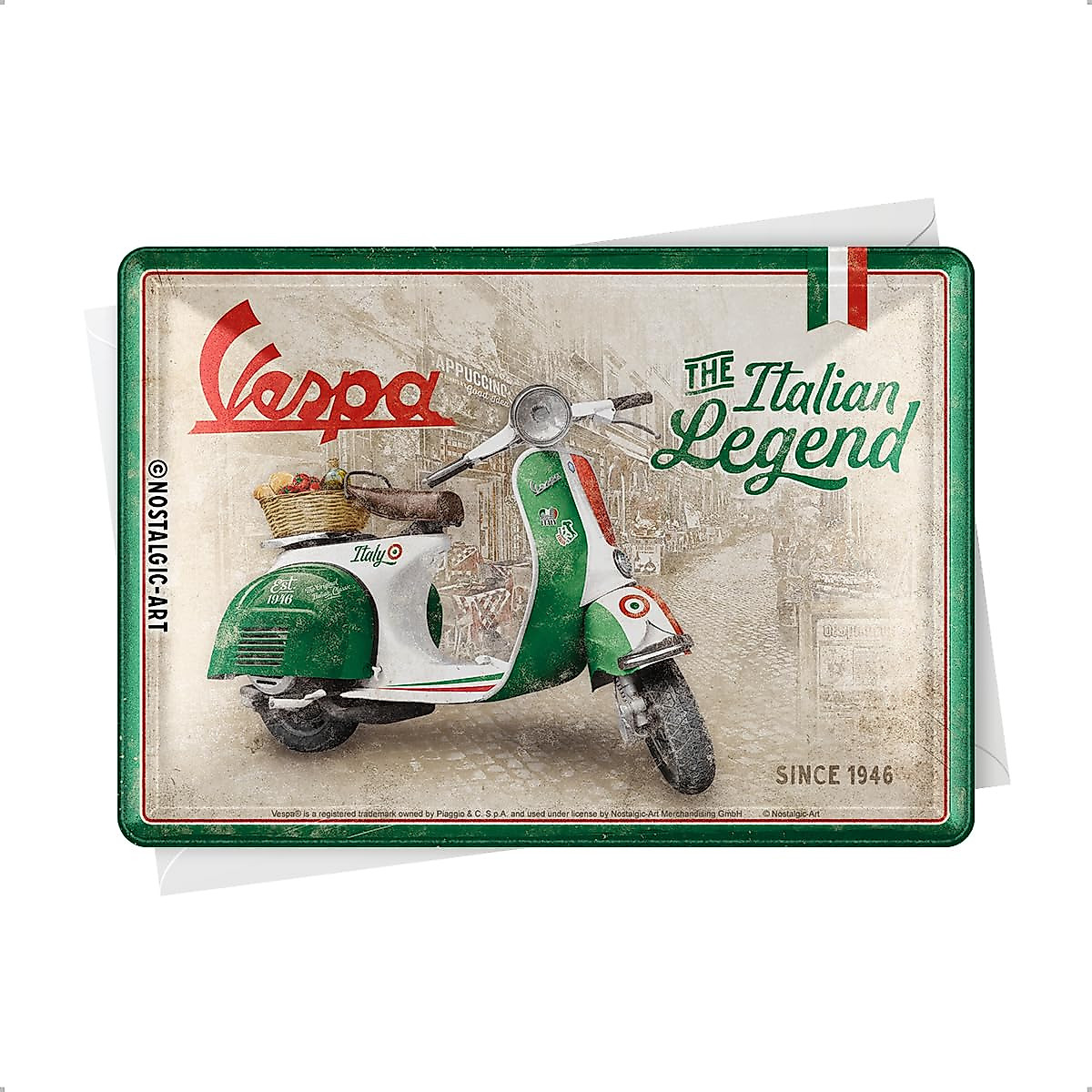 Nostalgic-Art, Retro Greetings Card Vespa - Italian Legend - Gift Idea for Scooter Fans Tin Postcard Mini Tin Sign Vintage Design 10x14cm