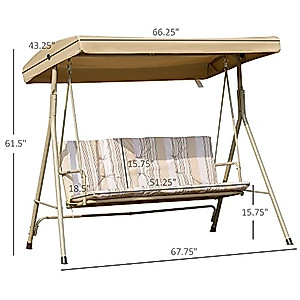 Outsunny 3-Seat Patio Swing Chair, Outdoor Canopy Swing Glider with Removable Cushion, Adjustable Shade and Weather Resistant Steel Frame, for Porch, Garden, Poolside, Backyard, Brown