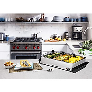 Elite Gourmet EWM-6171# Triple 3 x 2.5 Qt. Trays, Buffet Server, Food Warmer Temperature Control, Clear Slotted Lids, Perfect for Parties, Entertaining & Holidays, 7.5 Qt Total, Stainless Steel