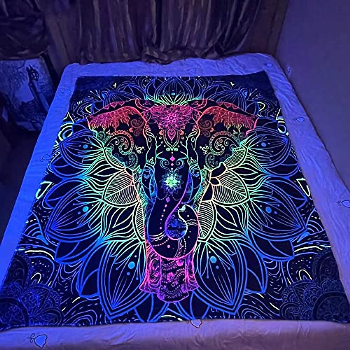 Glow in The Dark Mandala Elephant Throw Blanket, Blacklight Uv Reactive Luminous Blankets Super Soft Plush Flannel Furry Fleece Blanket for Sofa Chair Bed Decor Unique Gifts 60x50 Inches