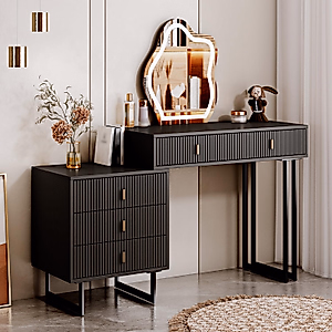 Black Vanity Desk with Mirror and Lights,Small Makeup Vanity with 5 Drawers，Modern Makeup Table with Adjustable Cabinet for Bedroom,Makeup Room