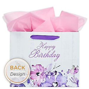 Christian Art Gifts Three Piece Landscape Gift Bag w/Card & Tissue Paper Set for Women: Happy Birthday - White & Purple Blooming Spring & Summer Floral for Moms, Grandmas, Sisters, Girlfriends, Large