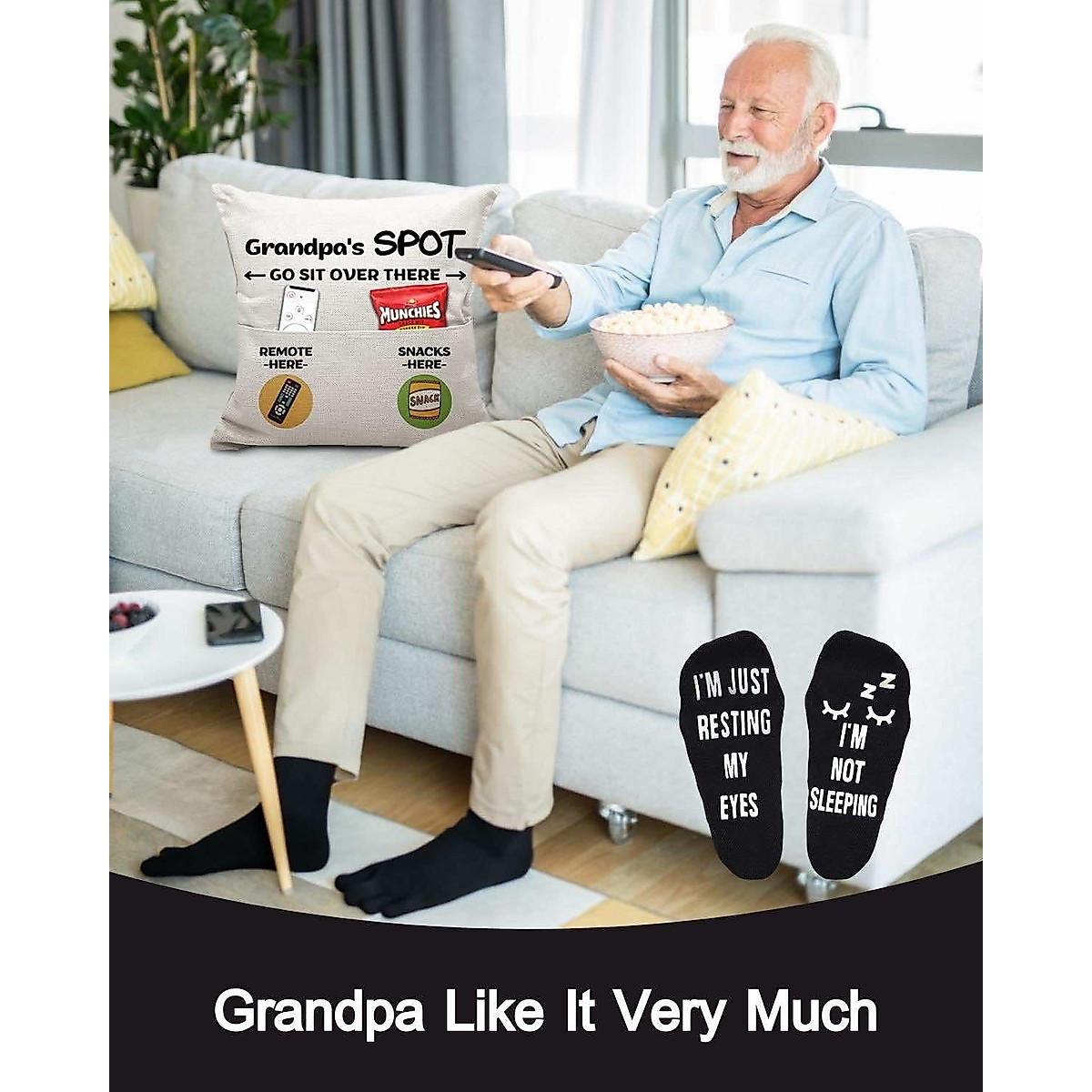 Qenifr Grandpa Gifts,Grandpa’s Spot Throw Pillow Covers with 2 Pockets 18x18 Inch, Father’s Day Birthday Christmas Thanksgiving Day Gifts for Papa Granddad