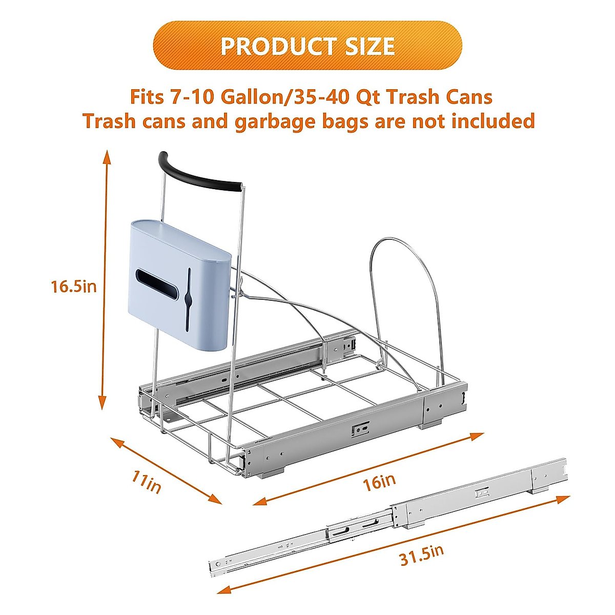 Pull Out Trash Can Under Cabinet with Garbage Bag Holder，Heavy Duty Under Sink Garbage Can Pull Out Kit-Up to 125 lb，Fit for 7–13 Gallon Cans ，Chrome (Trash Can Not Included)