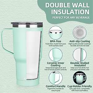 20 oz Insulated Coffee Mug with Ceramic Coating, Stainless Steel Travel Mug Tumbler with Handle Lid and Straw, Double Wall Leak-Proof Thermos Coffee Travel Mug Keeps Drink Hot and Cold (Green)