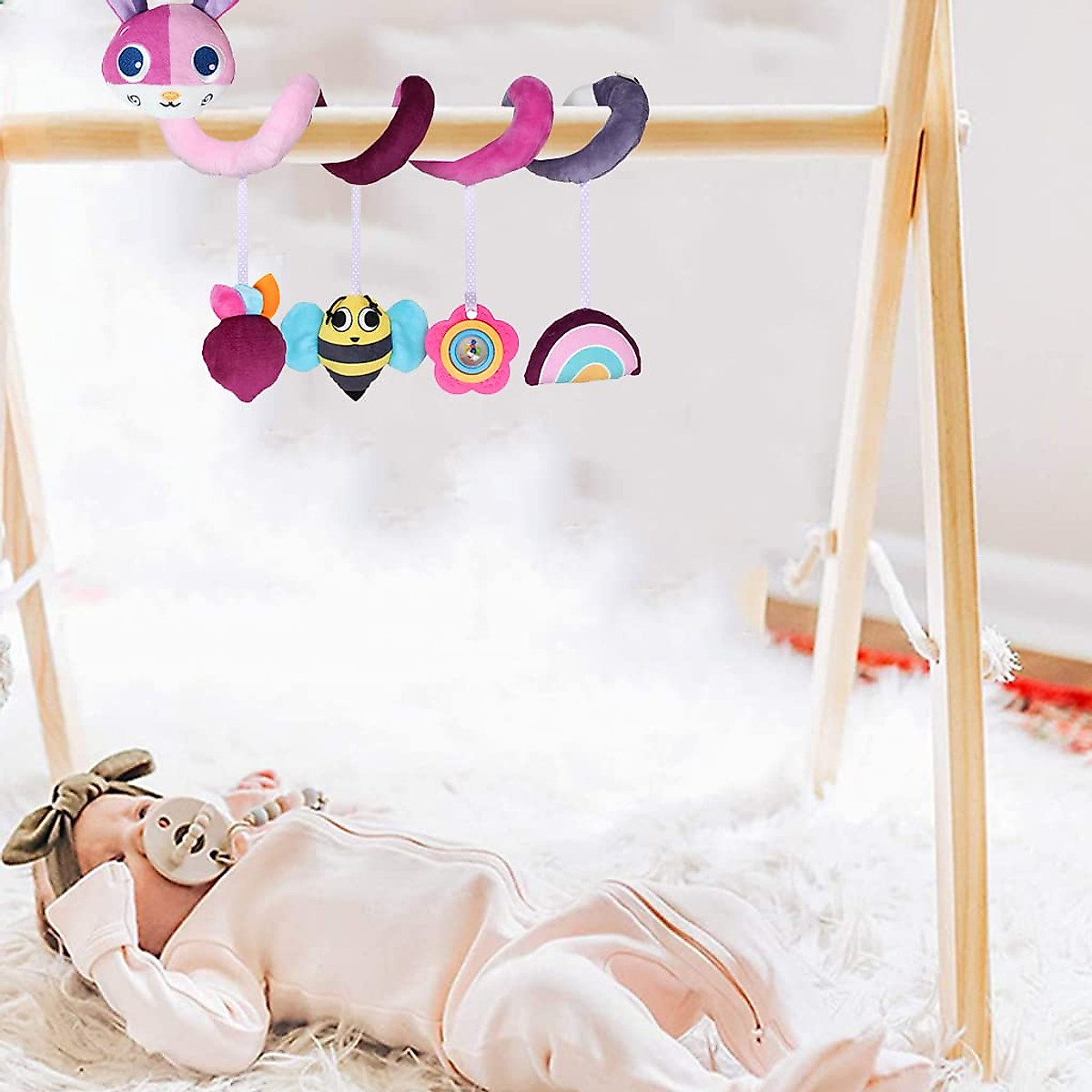 AIPINQI Spiral Activity Toy, Baby Car Seat Toys Comfortable Pram Crib Plush Toy for Boys Girls Colorful Spiral Hanging Toys for Car Seat, Rabbit