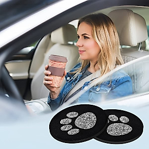 AUCELI 2 Pack Car Cup Holder Coasters, 2.75In Bling Glitter Rhinestone Paw Print Cup Coaster, Rubber Non-Slip Insert Auto Drink Mat, Universal Car Interior Accessories for SUV, Truck, RV (Silver)