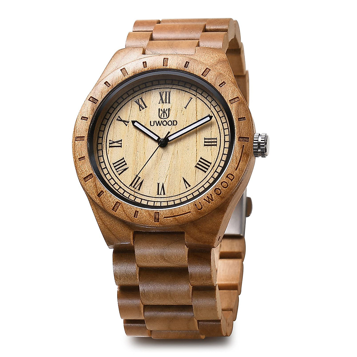LeeEv Mens Light Weight Unique Wood Watch, Uwood Series Handmade Sandalwood Analog Quartz Vintage Roman Number Natural Wooden Wristwatch