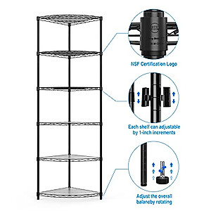 6 Tier NSF Corner Wire Shelf Shelving Unit, 18 x 18 x 72 Inch 420lbs Capacity Heavy Duty Adjustable Metal Storage Rack with Leveling Feet & Shelf Liners for Office Kitchen Bathroom and More - Black