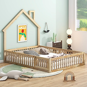 Merax Montessori Floor Bed with Fence and Door for Toddlers, Girls, Boys Pine Wood Bedframe Safety Guardrails for Children's Room, House-Shaped Headboard Kids Playroom, Full Size with Slats, Natural