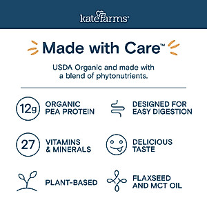 KATE FARMS Organic Plant Based Pediatric 1.2 Sole-Source Nutrition Shake,Chocolate, 12g protein, 27 Vitamins and Minerals, High Calorie Meal Replacement Drink, Protein Shake, Gluten Free, 8.45 oz (6 pack)