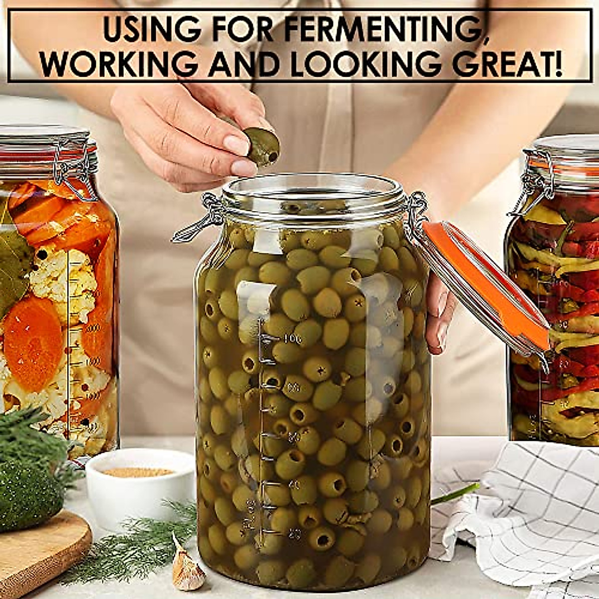 Super Wide-Mouth Glass Jars with Hinged Lids, 1-Gallon (4100 ML) Leak Proof Glass Canning Jars with Airtight Lids and 2 Measurement Marks. Large Capacity, Sturdy For Canning, Overnight Oats, 2-Pack