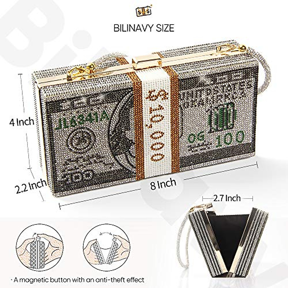Money Clutch Purses for Women, Stack of Cash Dollars Crystal Clutch Purses, Women Diamond Evening Bags Party Cocktail Rhinestone Handbags, Wedding Dinner Bag, Grey
