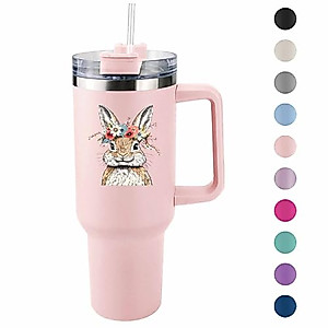LB LEOBON 40 ounce insulated cup with handle, double-layer vacuum stainless steel material, equipped with straw, can keep warm or maintain cold drinks Easter Rabbit H Light pink