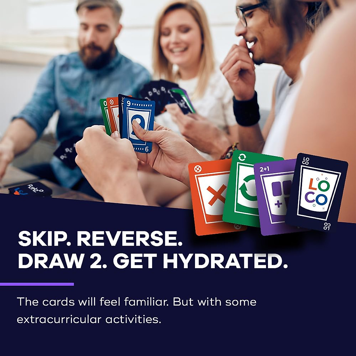 DUNZO® - Party Version of Classic Card Game with 4 Unbreakable Glasses - Draw Two, Skip, Reverse, Get Hydrated - Fun Party Game & Funny Gifts - Adult Games for Game Night - Adult Party Games