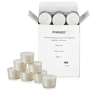 White Tea Light Candles with Clear Cup – Box of 24 – Extended Burn Time 10 Hour – Unscented and Smokeless Tealight – Perfect for Wedding, Party, Hotels, Restaurants