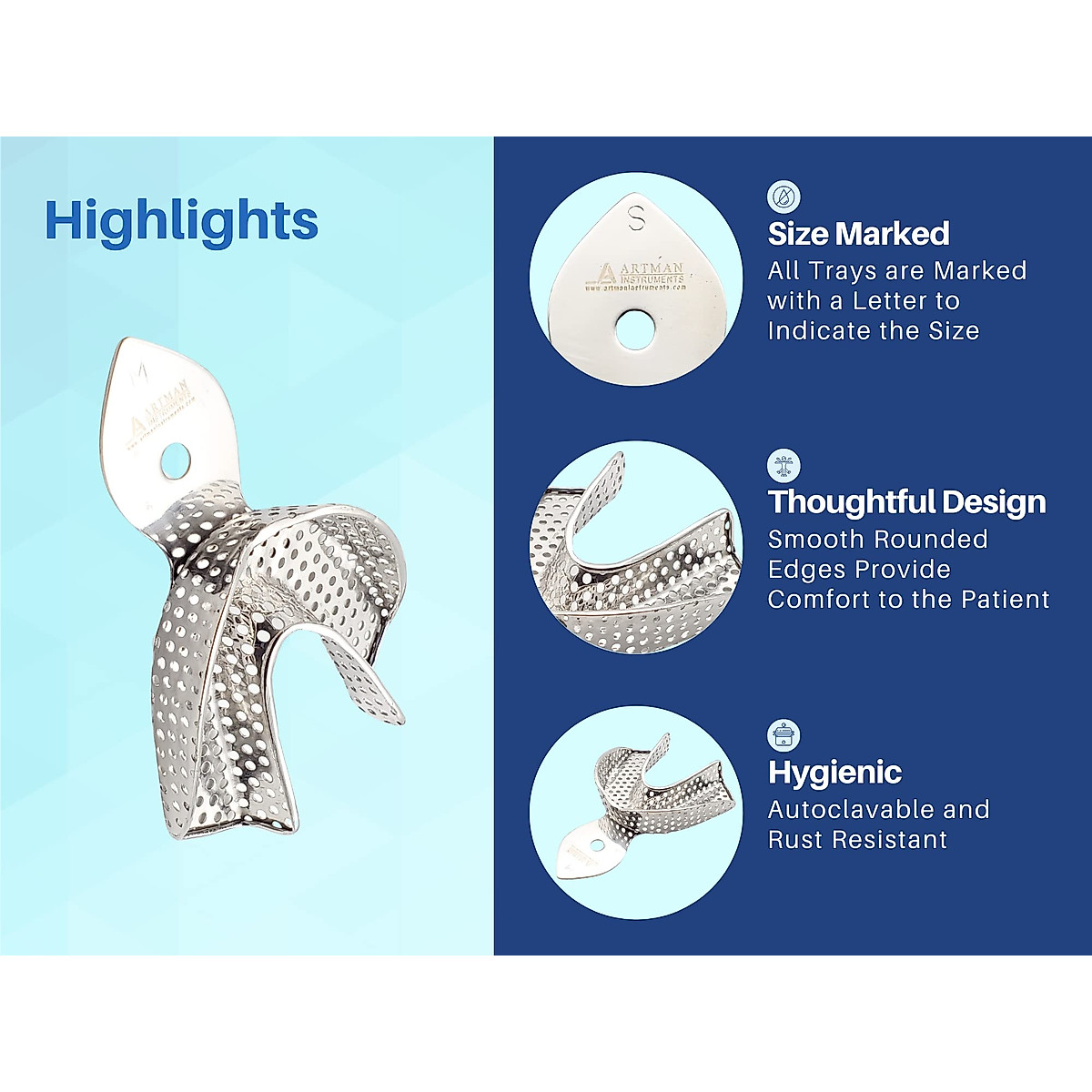 ARTMAN INSTRUMENTS Dental Impression Trays – Set of 6 Stainless Steel, Perforated, Autoclavable Trays (Small, Medium, Large) for Upper & Lower Teeth – Durable, Reusable, Rounded Margins for Comfort